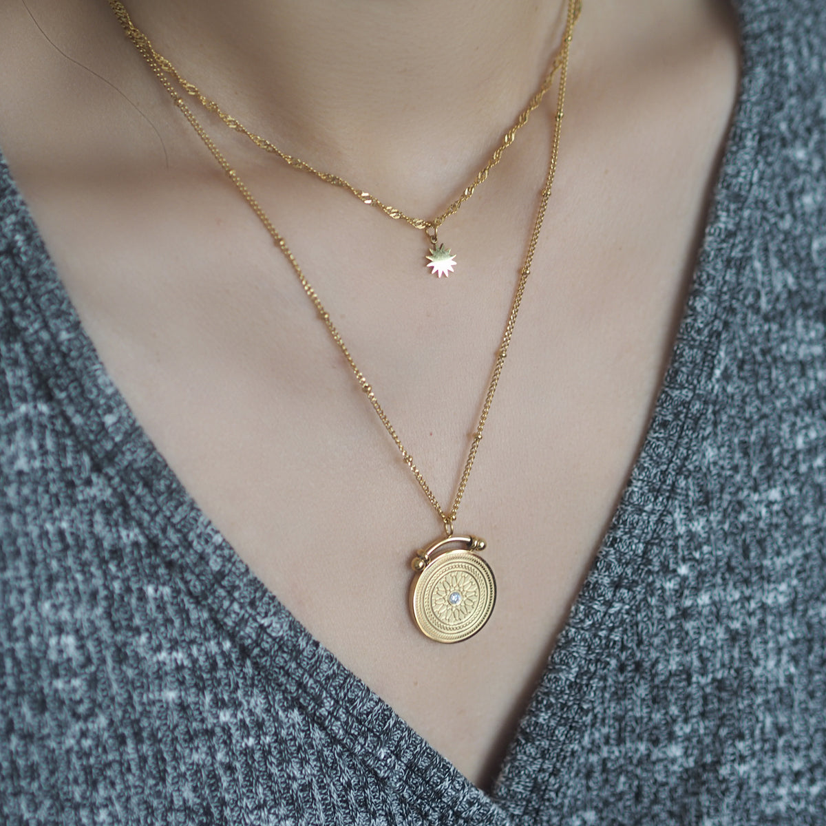Vanna Double Chain Drop Coin Necklace Dainty Delicate Minimalist